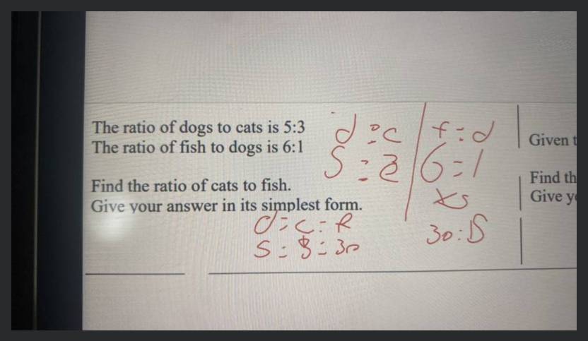The ratio of dogs to cats is 5:3 The ratio of fish to dogs is 6:1Find th..