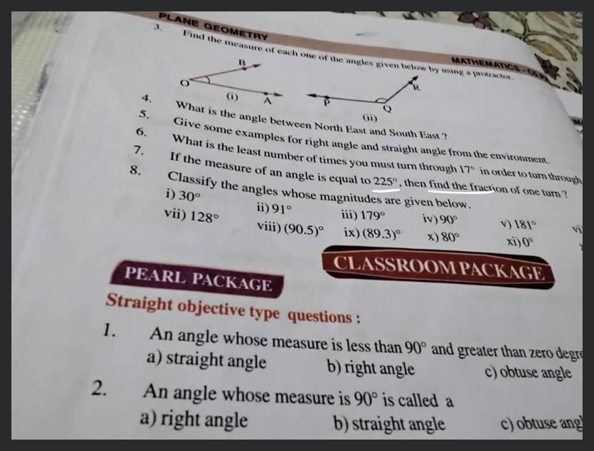 What is the angle between North East and South East? Give some examples f..