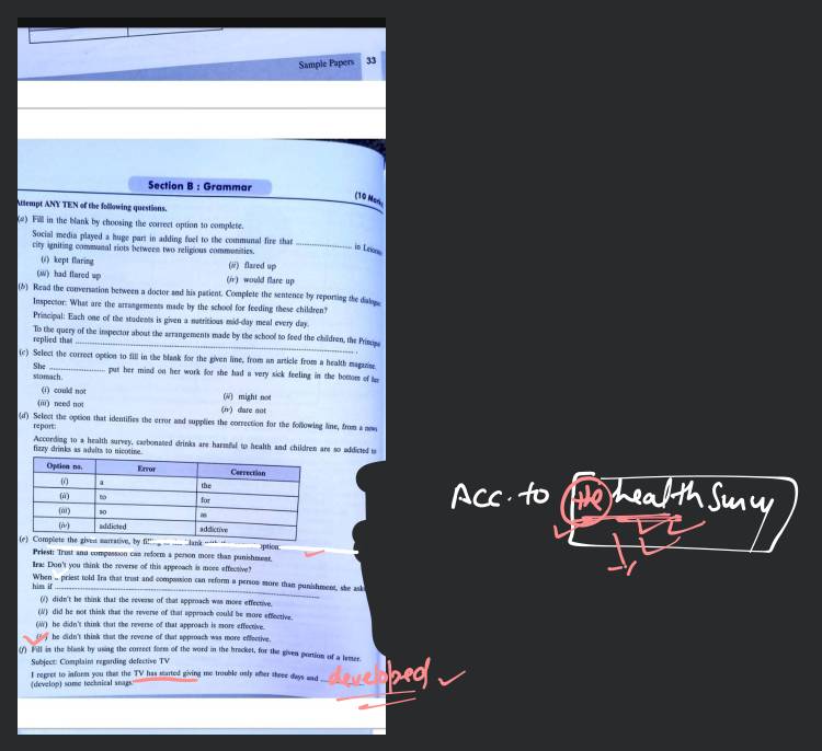Section B Grammar Sample Papers 33 Attempt ANY TEN Of The Following Que 
