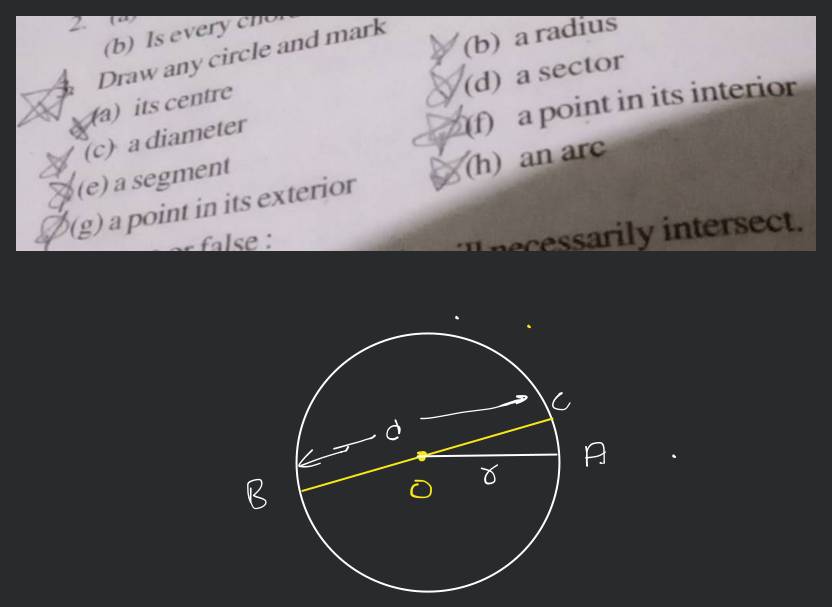 (b) Is every cle and mark(a) its centre(d) a sector(c) a diameterS(f)..