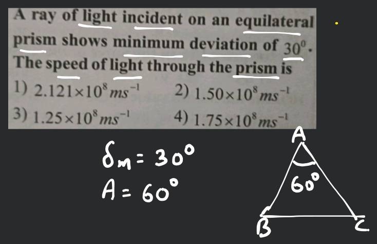 A ray of light incident on an equilateral prism shows minimum deviation o..