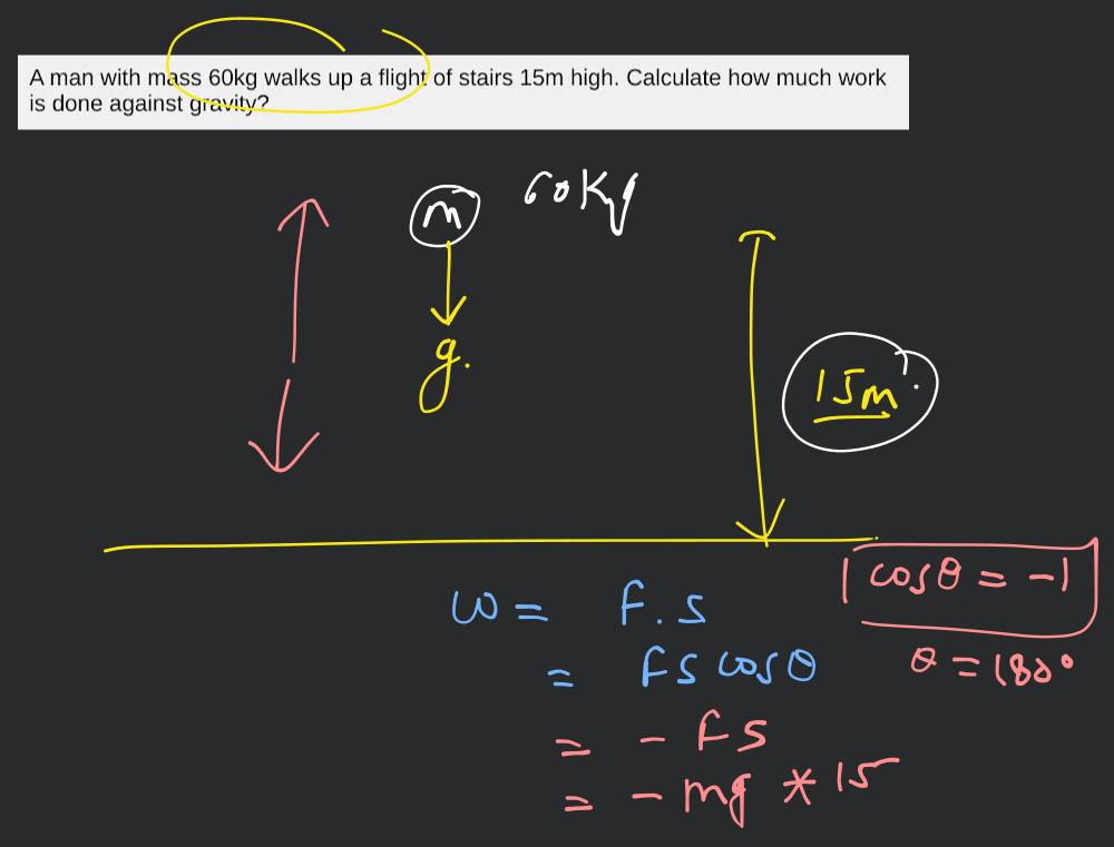A man with mass 60kg walks up a flight of stairs 15m high. Calculate how