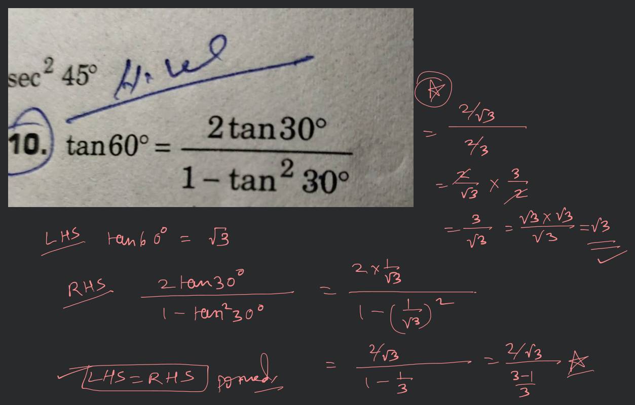 10. tan60∘=1−tan230∘2tan30∘ | Filo