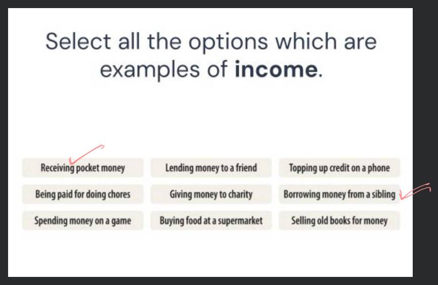 Select all the options which are examples of income.Receiving pocket mon..