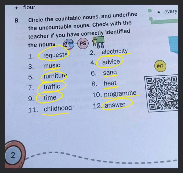 flour B. Circle the countable nouns, and underline every the uncountable
