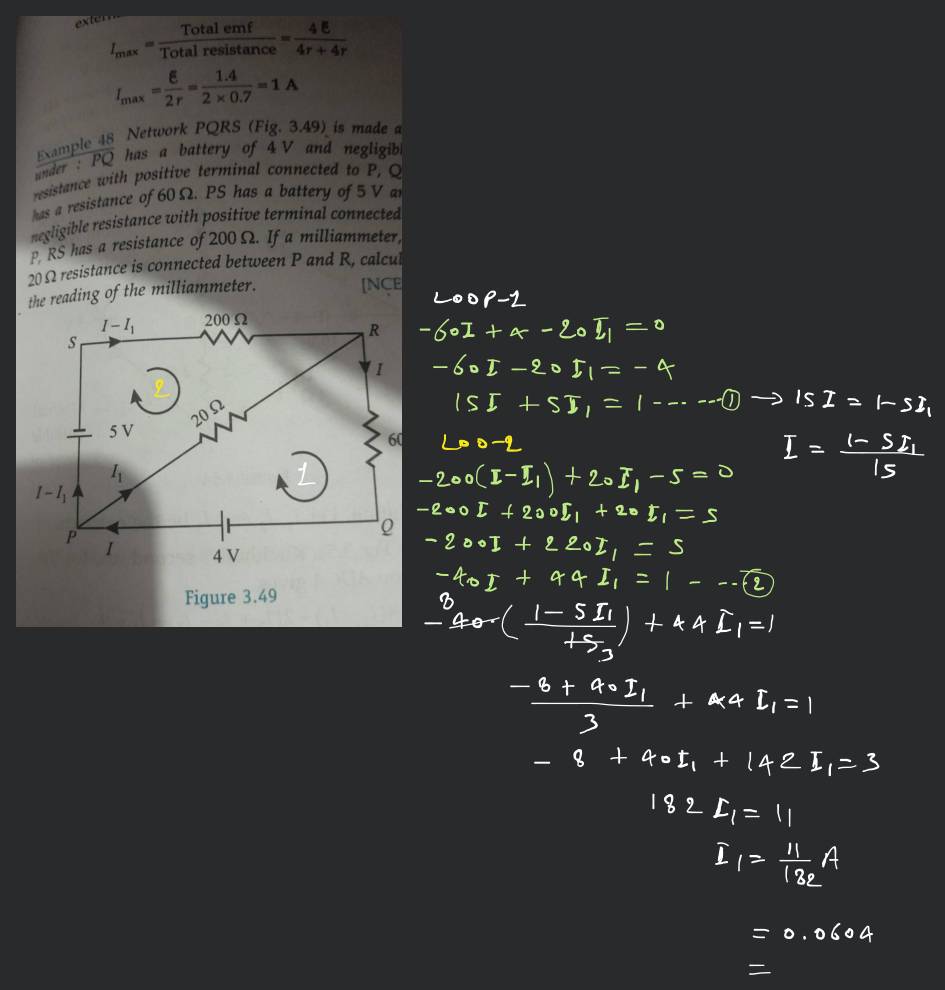 I_{\max }=\frac{\text { Total emf }}{\text { Total resistance }}=\frac{4