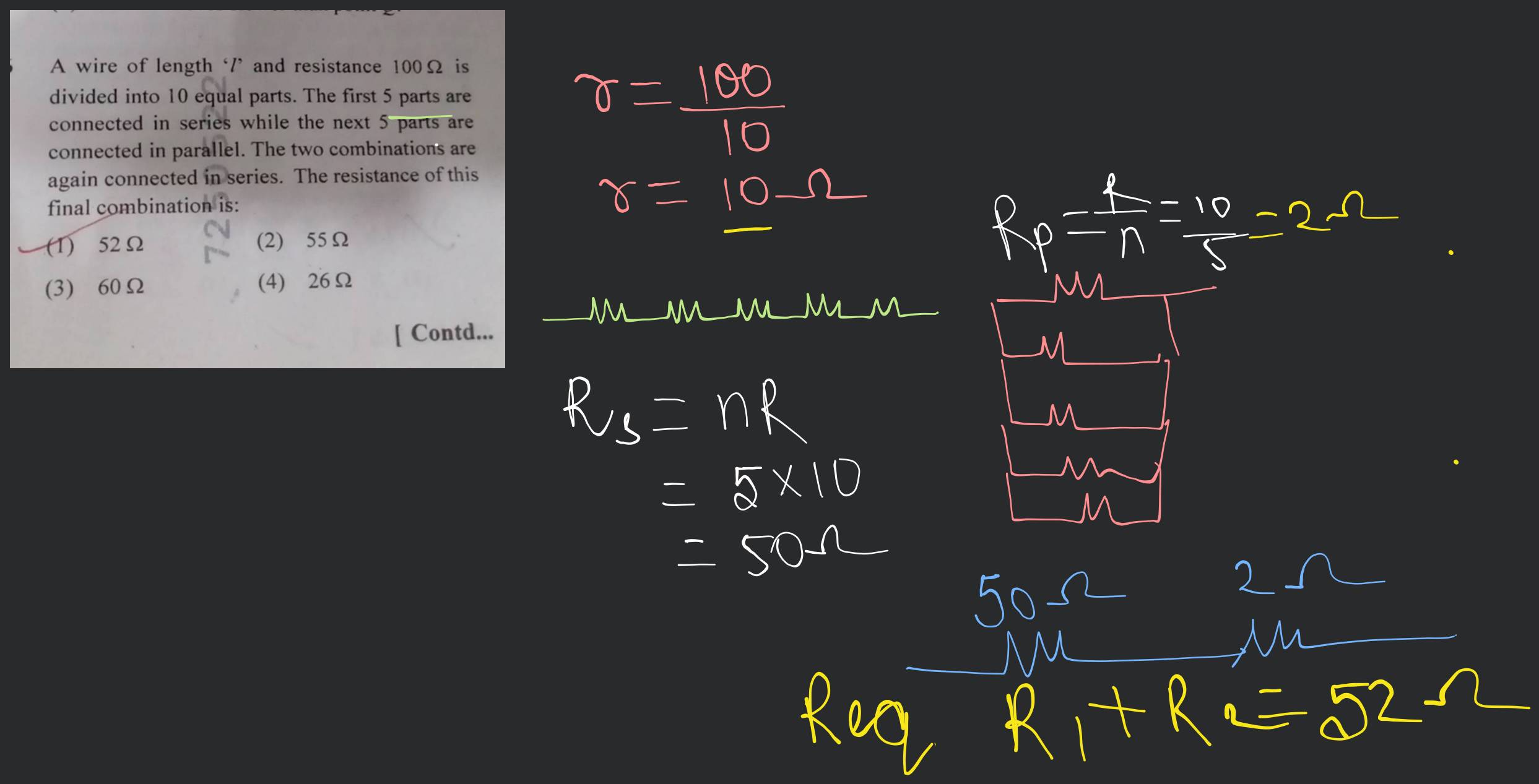 A wire of length ' l ' and resistance 100 \Omega is divided into 10 equal..