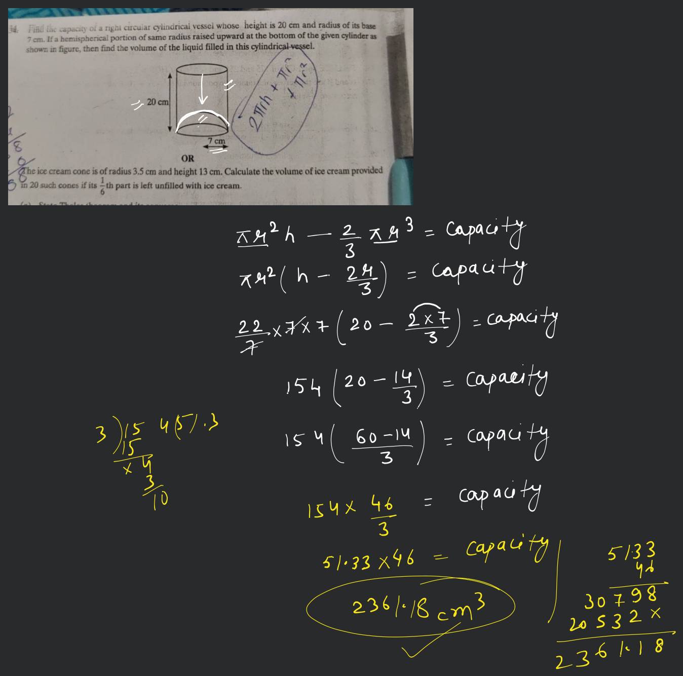 Find the capacity of a right circular cylindrical vessel whose height is