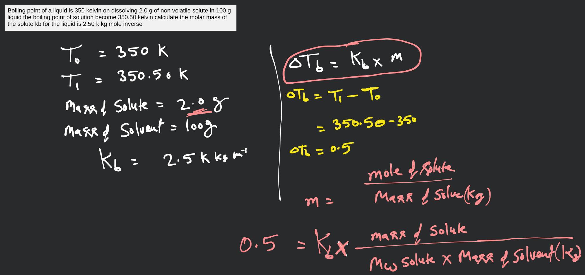 Boiling point of a liquid is 350 kelvin on dissolving 2.0 g of non volati..