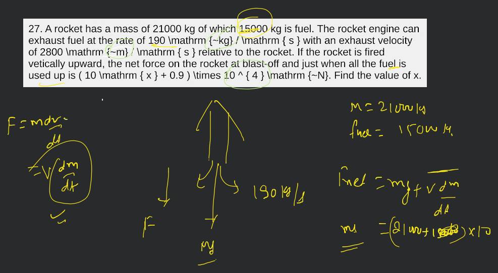 A rocket has a mass of 21000 kg of which 15000 kg is fuel. The rocket eng..