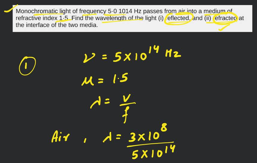 Monochromatic light of frequency 5·0 1014 Hz passes from air into a mediu..