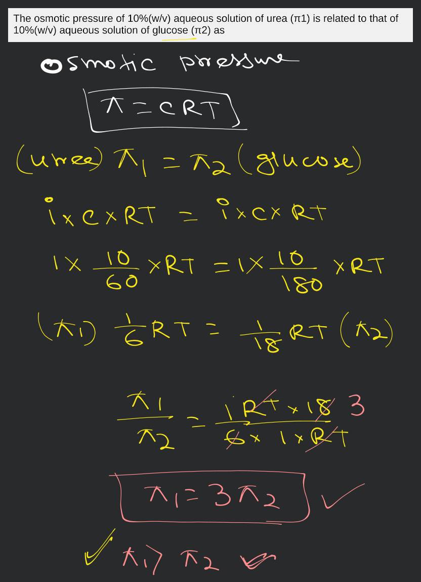 The osmotic pressure of 10%(w/v) aqueous solution of urea (π1 ) is relate..