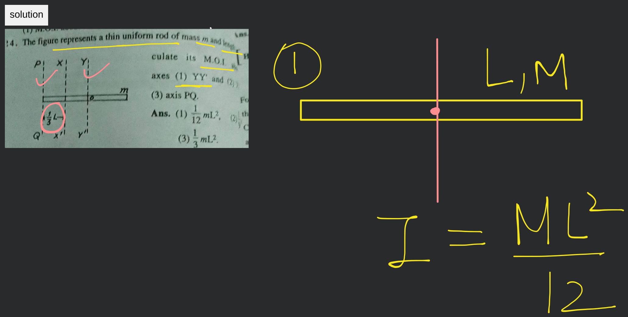 14. The figure represents a thin uniform rod of mass m and lefere a cula..
