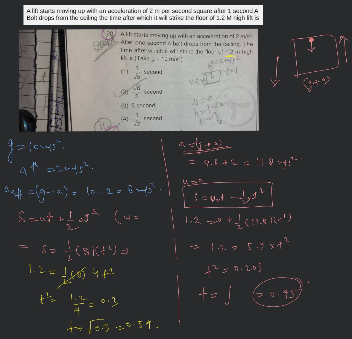 A lift starts moving up with an acceleration of 2 m per second square aft..