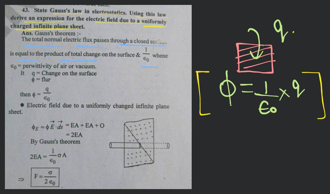 43. State Gauss's law in electrostatics. Using this law derive an express..