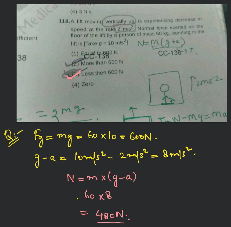 (4) 3 Ns118. A lift moving vertically up is experiencing decrease in spe..