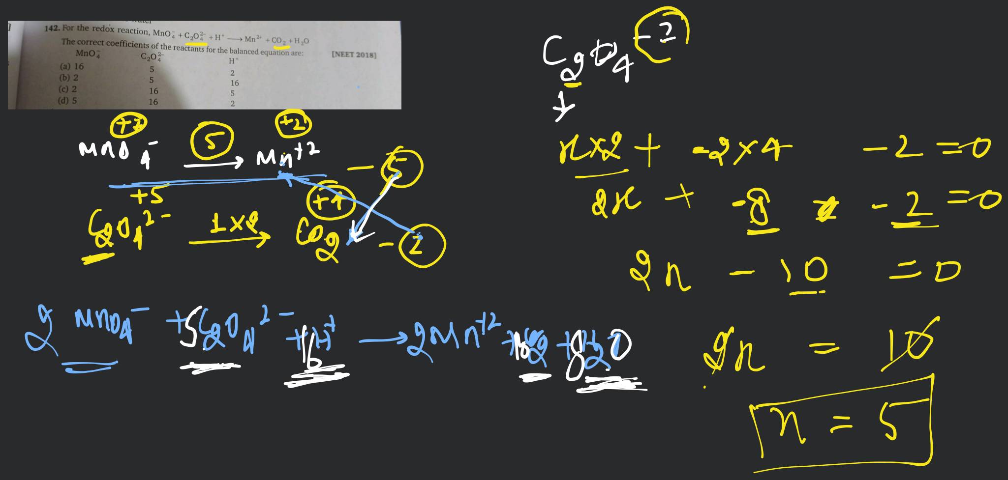142. For the redox reaction, MnO4− +C2 O42− +H+ Mn2++CO2 +H2 O The correc..
