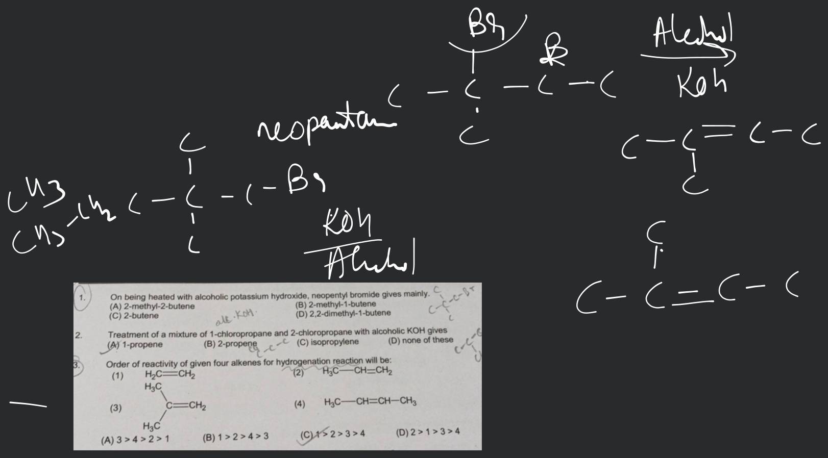 Order of reactivity of given four alkenes for hydrogenation reaction will..