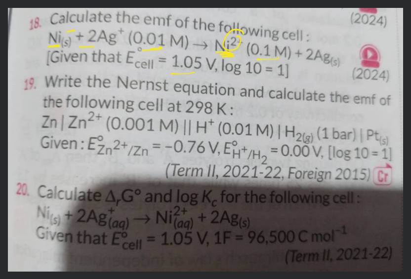18. Calculate the emf of the following cell:\[\begin{array}{l}\mathrm{..
