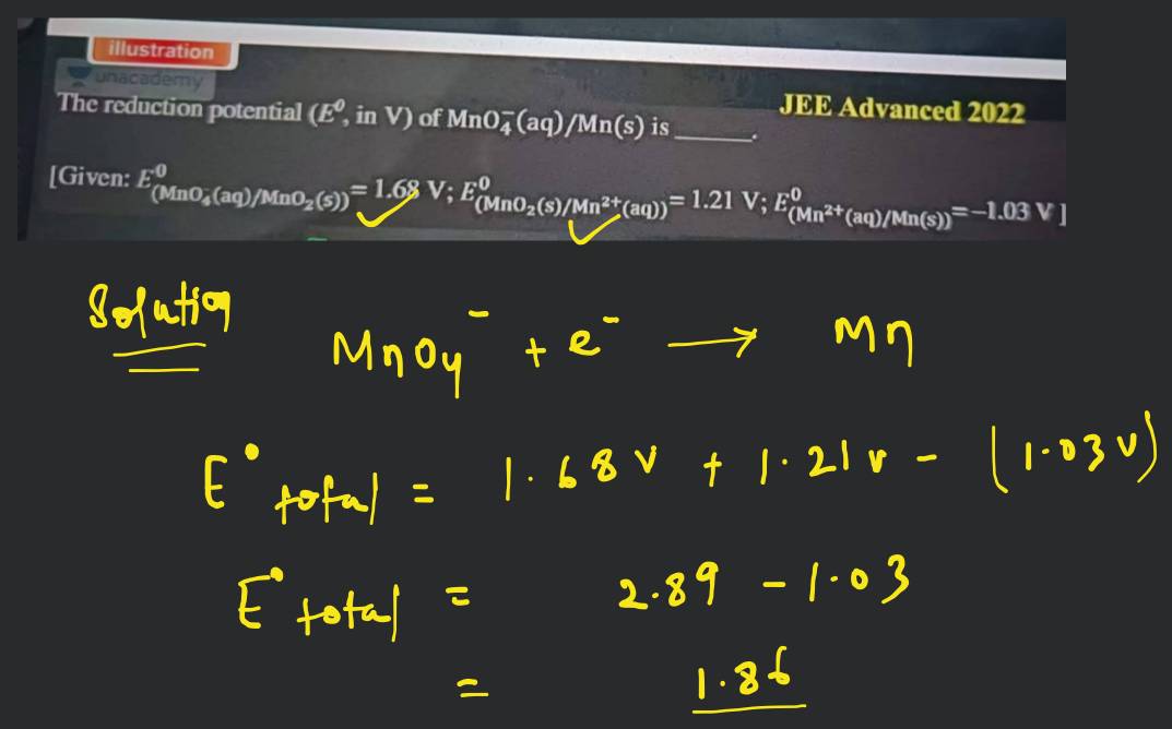 illustrationThe reduction potential ( E∘, in V ) of MnO4− (aq)/Mn(s) is