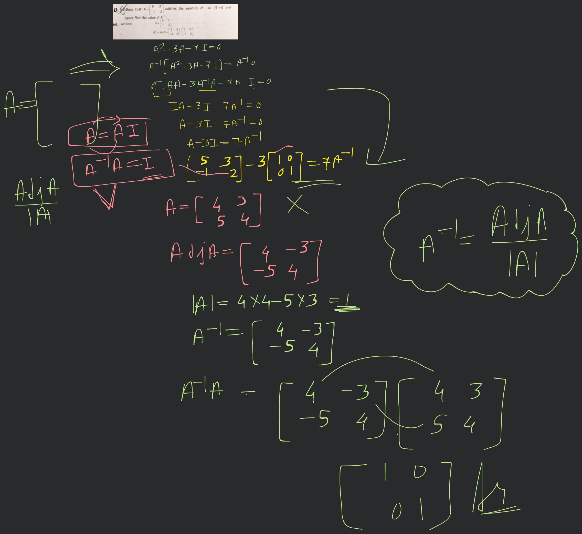 Q. 11 Show that A=[5−1 3−2 ] satisfies the equation A2−3A−7I=0 and hence