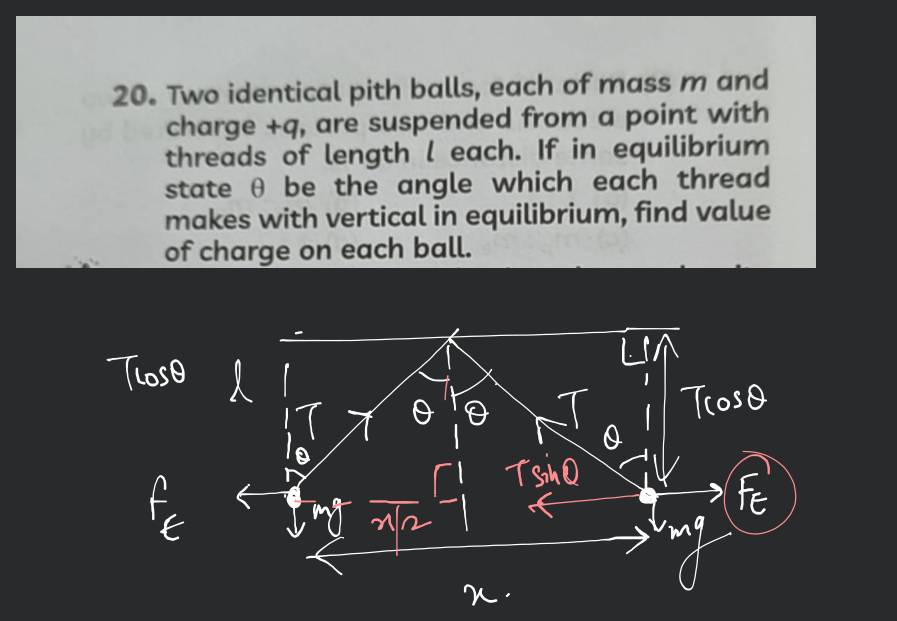 20. Two identical pith balls, each of mass m and charge +q, are suspended..