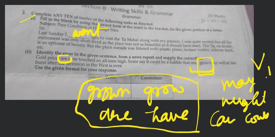 section-B : Writing Skills \& Grammar Grammar 20 Marks (i) Fill in the bl..