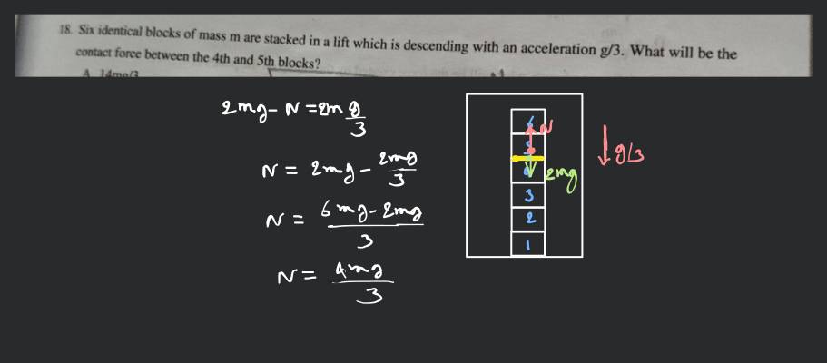 Six identical blocks of mass m are stacked in a lift which is descending