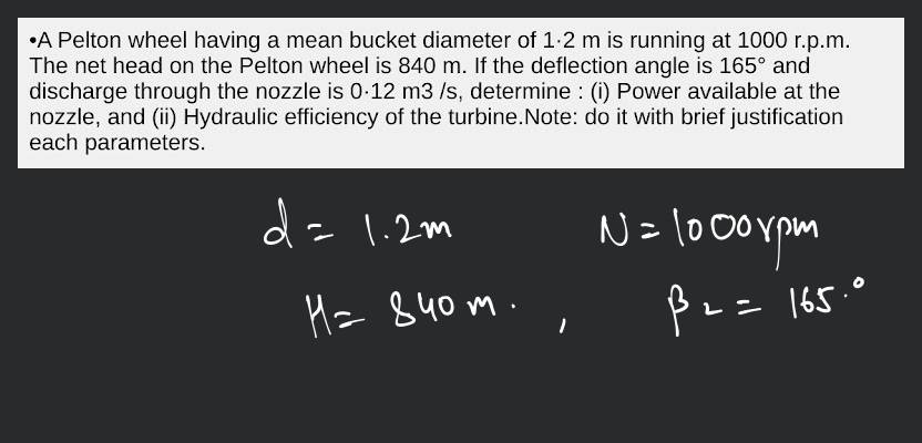 •A Pelton wheel having a mean bucket diameter of 1·2 m is running at 1000..