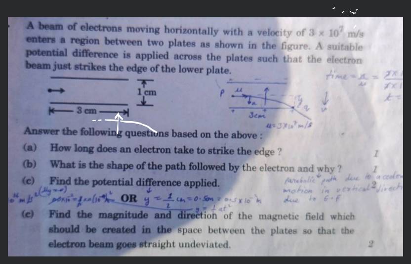 A beam of electrons moving horizontally with a velocity of 3×107 m/s ente..