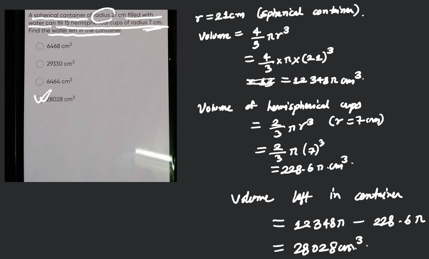 A spherical container of radius 21 cm filled with water can fill 15 hemis..