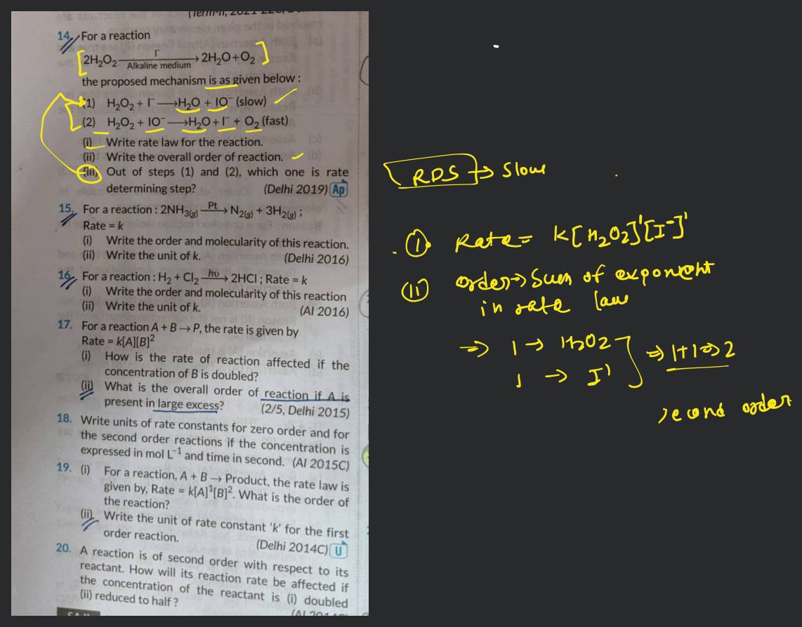 For a reaction \ 2 \mathrm{H}{2} \mathrm{O}{2} \xrightarrow[\text { Alkal..