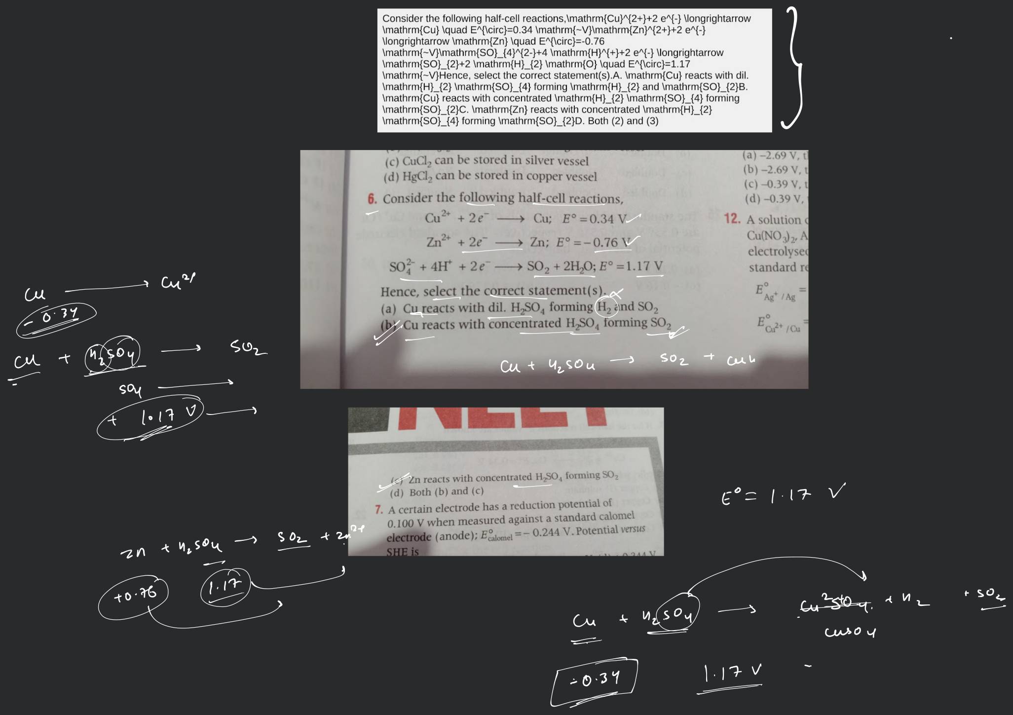 Consider the following half-cell reactions,\mathrm{Cu}^{2+}+2 e^{-} \long..