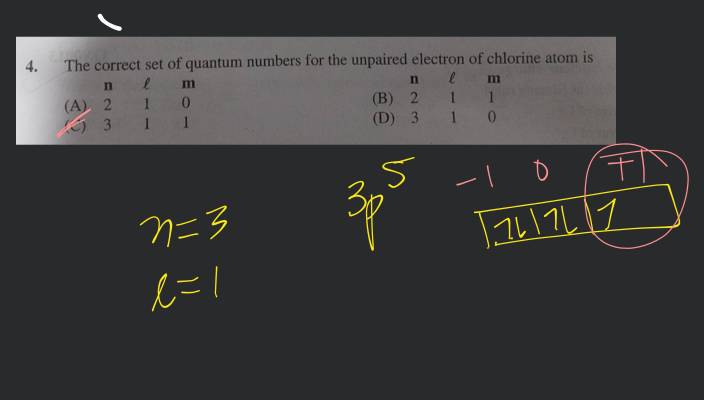 The correct set of quantum numbers for the unpaired electron of chlorine
