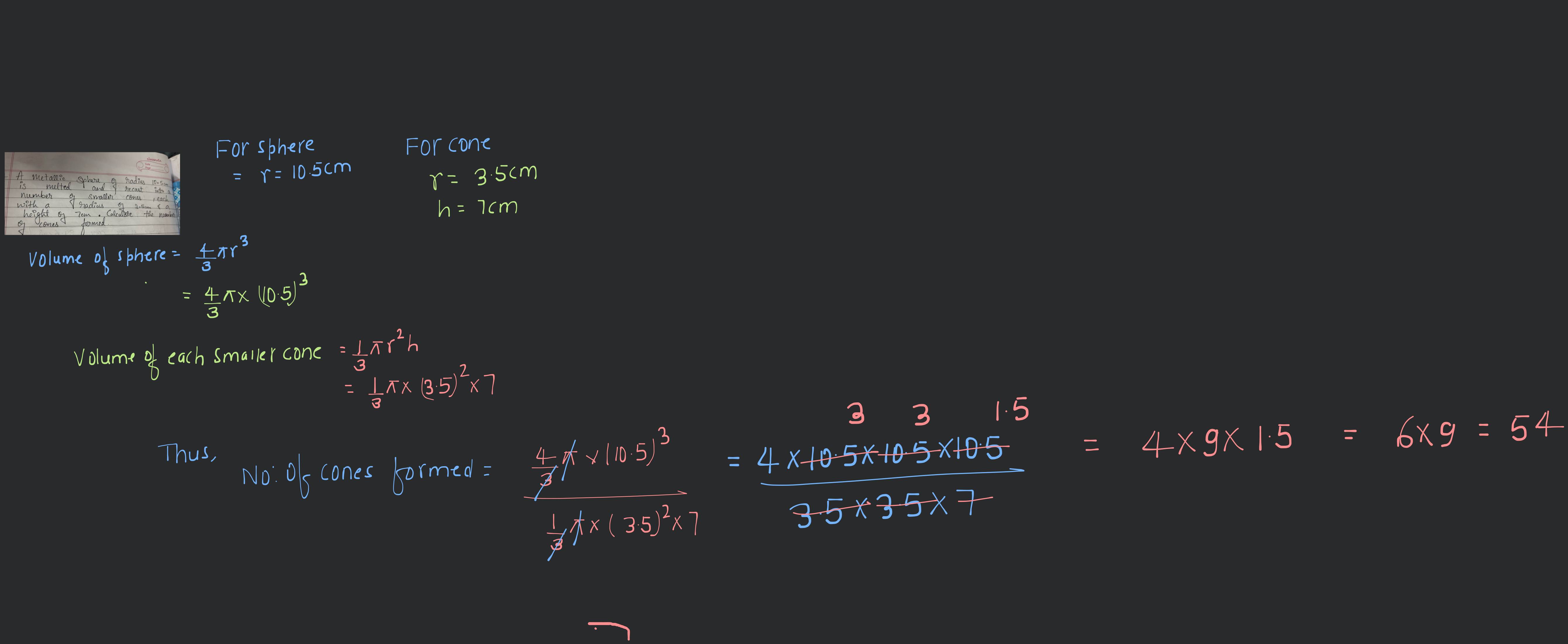 A Metallic sphere of radius 10.5 cm is melted and recast into number of s..