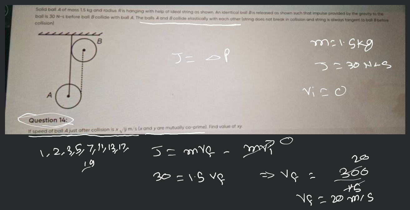 Solid bail A of mass 15 kg and radius R is hanging with help of ideal str..