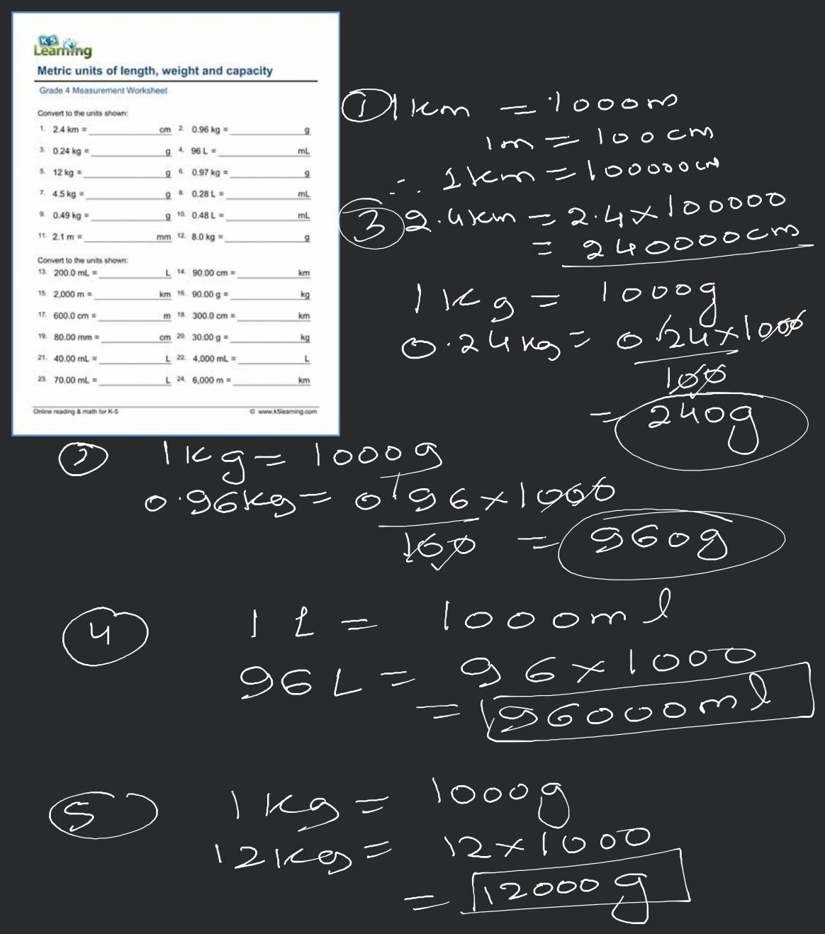 Metric units of length, weight and capacity Grade 4 Measurement Worksheet..