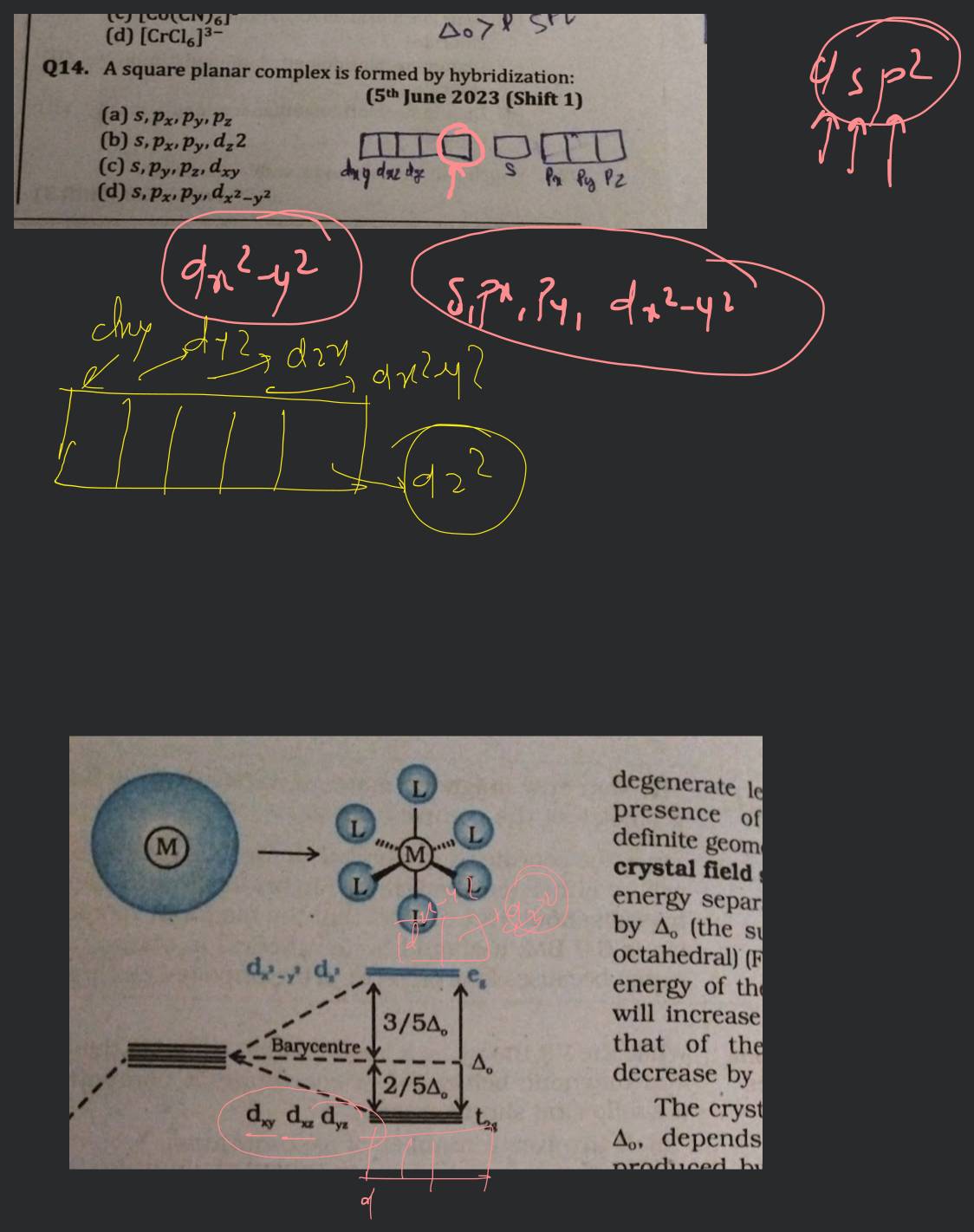 Q14. A square planar complex is formed by hybridization: (a) s, p_{x}, p_..