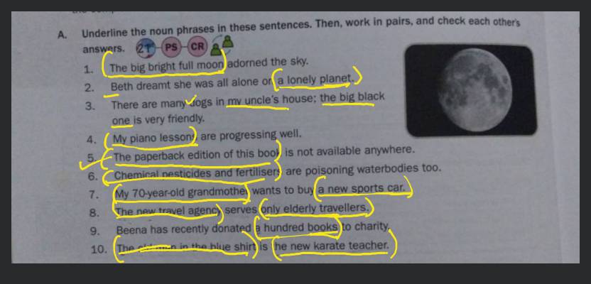 Underline the noun phrases in these sentences. Then, work in pairs, and c..