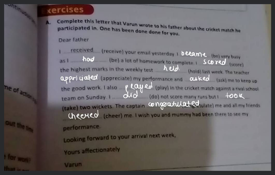 xercisesA. Complete this letter that Varun wrote to his father about the..