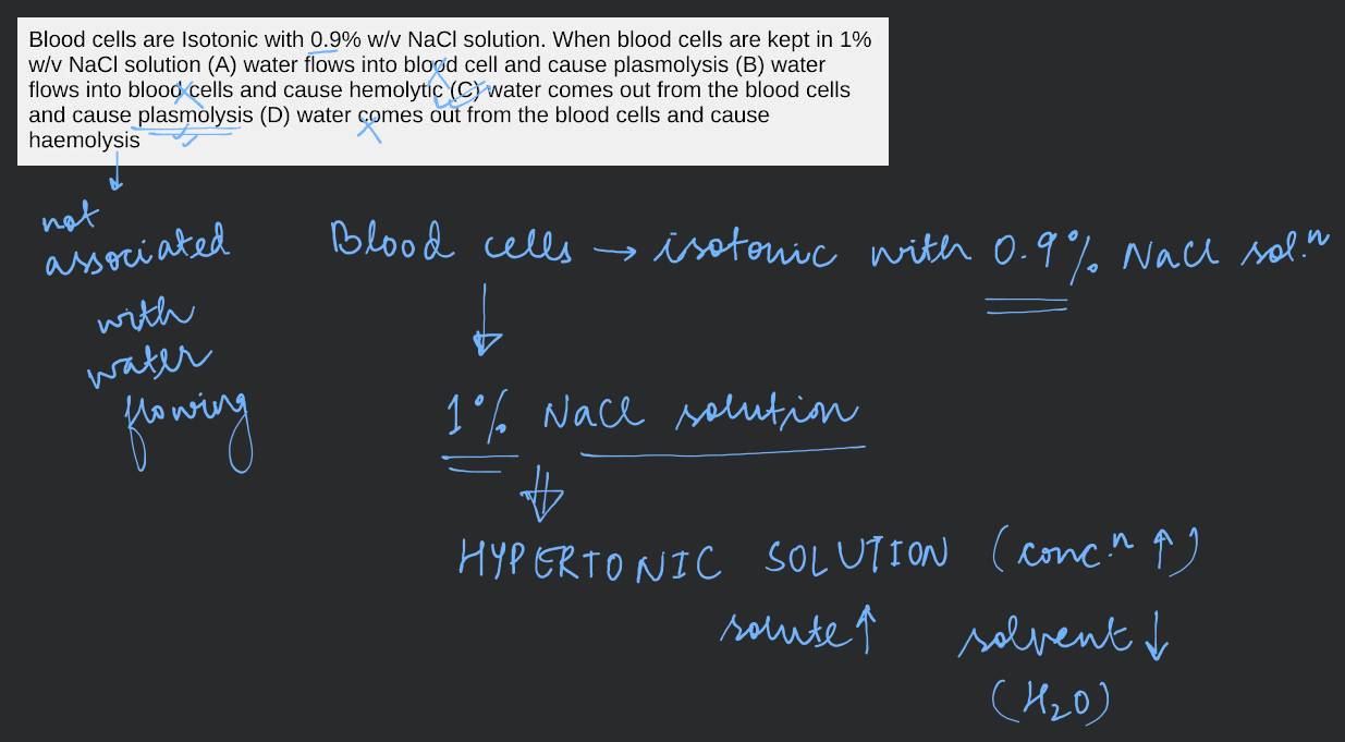 Blood cells are Isotonic with 0.9% w/v NaCl solution. When blood cells ar..