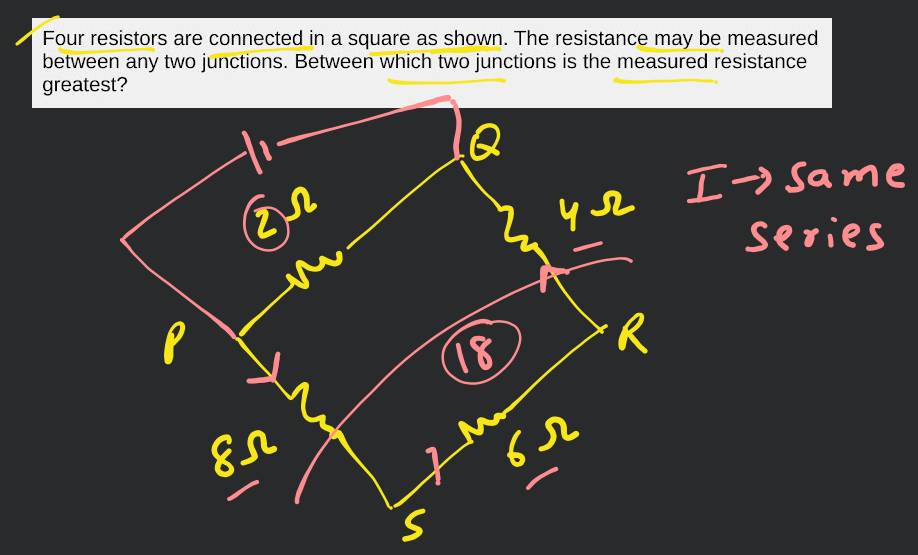 Four resistors are connected in a square as shown. The resistance may be