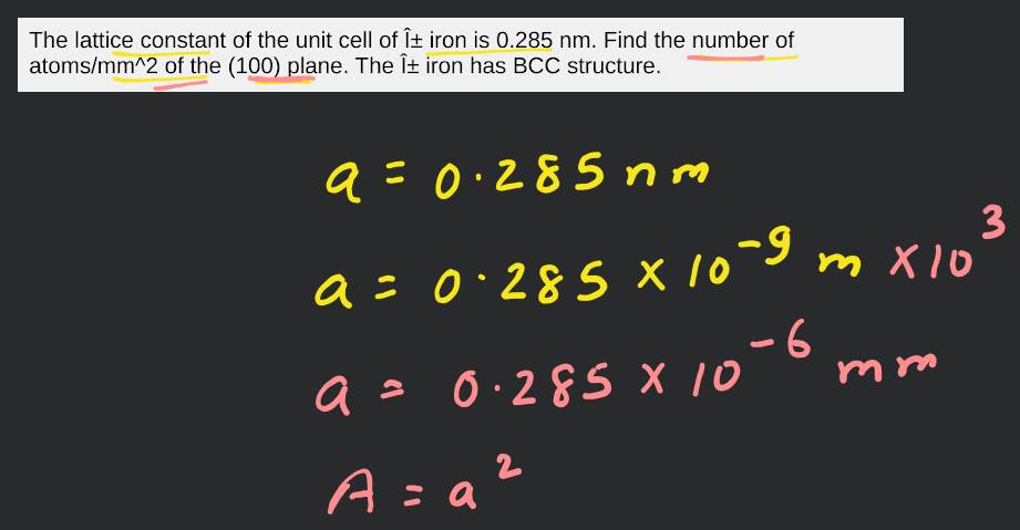 The lattice constant of the unit cell of Î± iron is 0.285 nm. Find the nu..