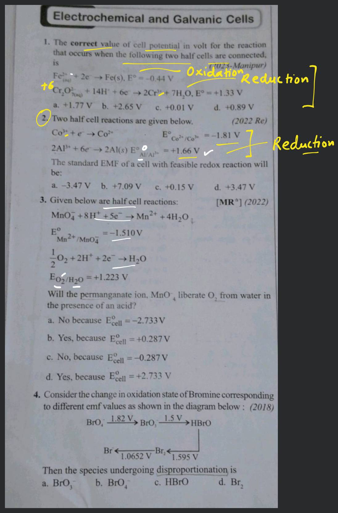 Electrochemical and Galvanic Cells 1. The correct value of cell potential..