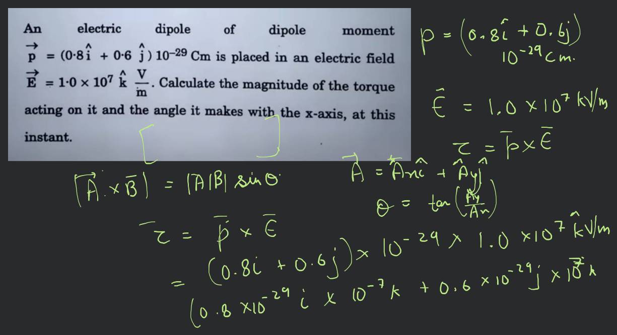 An electric dipole of dipole moment p =(0.8i^+0.6j^ )10−29Cm is placed in..