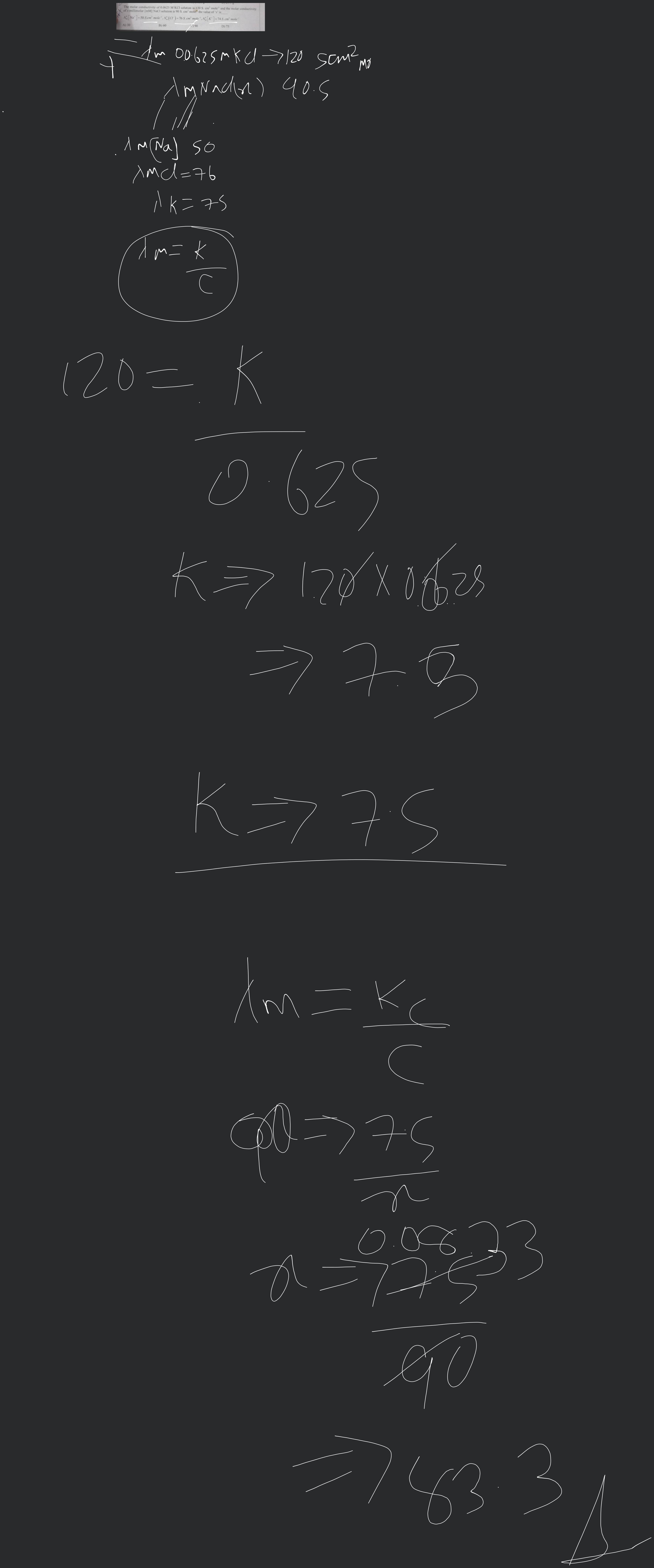 The molar conductivity of 0.0625 M KCI solution is 120 S. cm² mole and th..