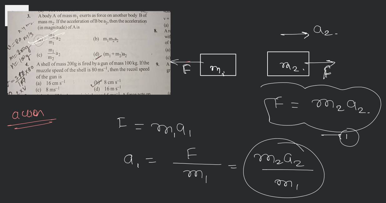 211 m2 2=80 m/s m=2oog M=100g mass m2. A body A of mass m₁ exerts as forc..