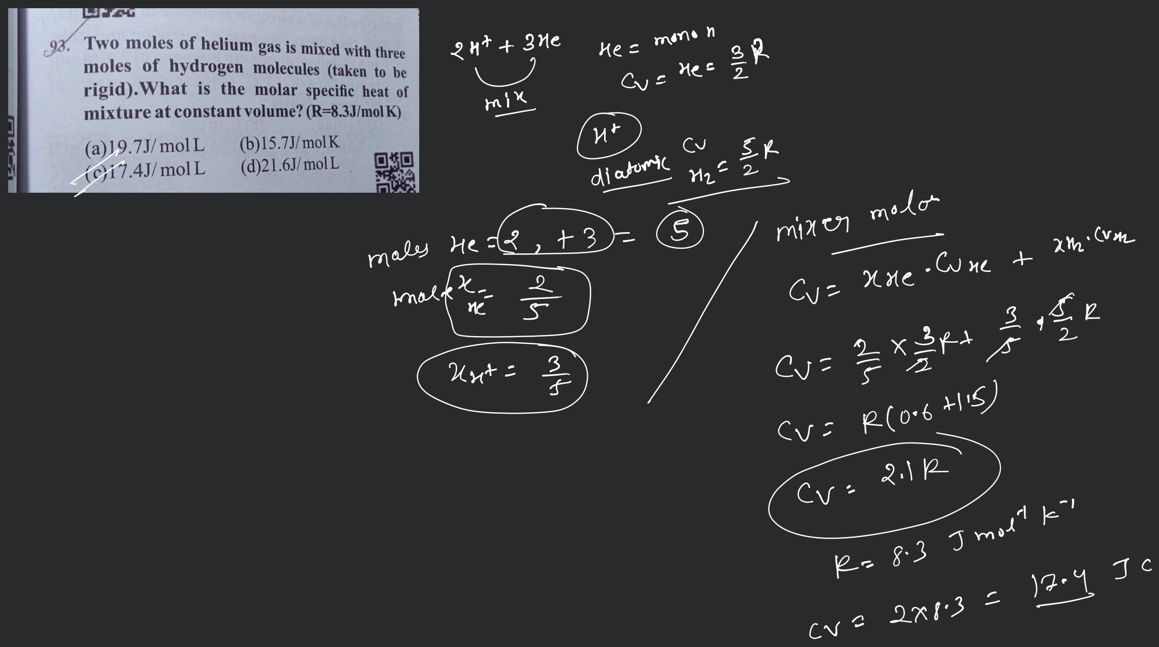 G Two moles of helium gas is mixed with three moles of hydrogen molecules..