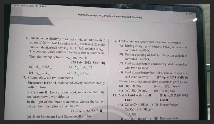 8:55 Tue, 16 Sept a Electrochemistry: PYQ Practice Sheet - Physical Chemi..