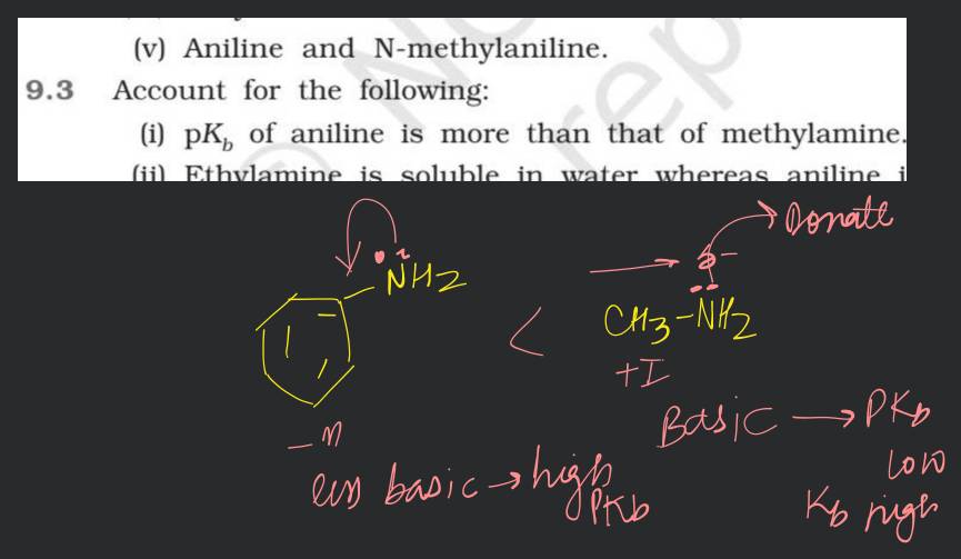9.3 (v) Aniline and N-methylaniline. Account for the following: (i) pk, o..